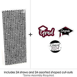 Big Dot of Happiness Maroon 2024 Graduation Paper Straw Decor - Party Striped Decorative Straws - Set of 24
