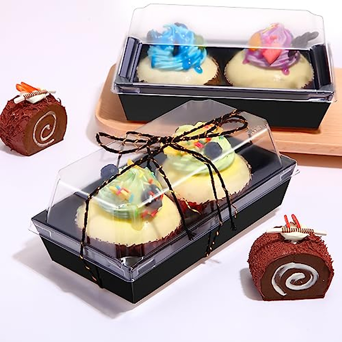 150 Pcs Paper Charcuterie Boxes with Clear Lids and Cotton Rope 5.5 Inches Disposable Food Containers Bakery Boxes for Dessert, Sandwich, Cupcake, Cookie, Chocolate, Strawberry (Black)