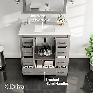 Eviva Bathroom Vanity Cabinet 36in White - Solid Wood w/9 Drawers, Porcelain Sink & Marble Countertop - Gray