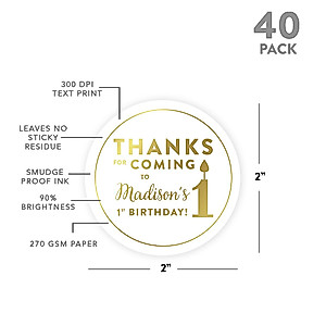 Andaz Press Personalized Round Circle Birthday Favor Gift Labels Stickers, Metallic Gold Ink, Thanks for Coming to My 1st Birthday, 40-Pack, Custom Made Name, Gold Invitations Stationery