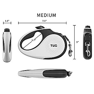 TUG 360° Tangle-Free Retractable Dog Leash | 16 ft Strong Nylon Tape | One-Handed Brake, Pause, Lock (Medium, White)