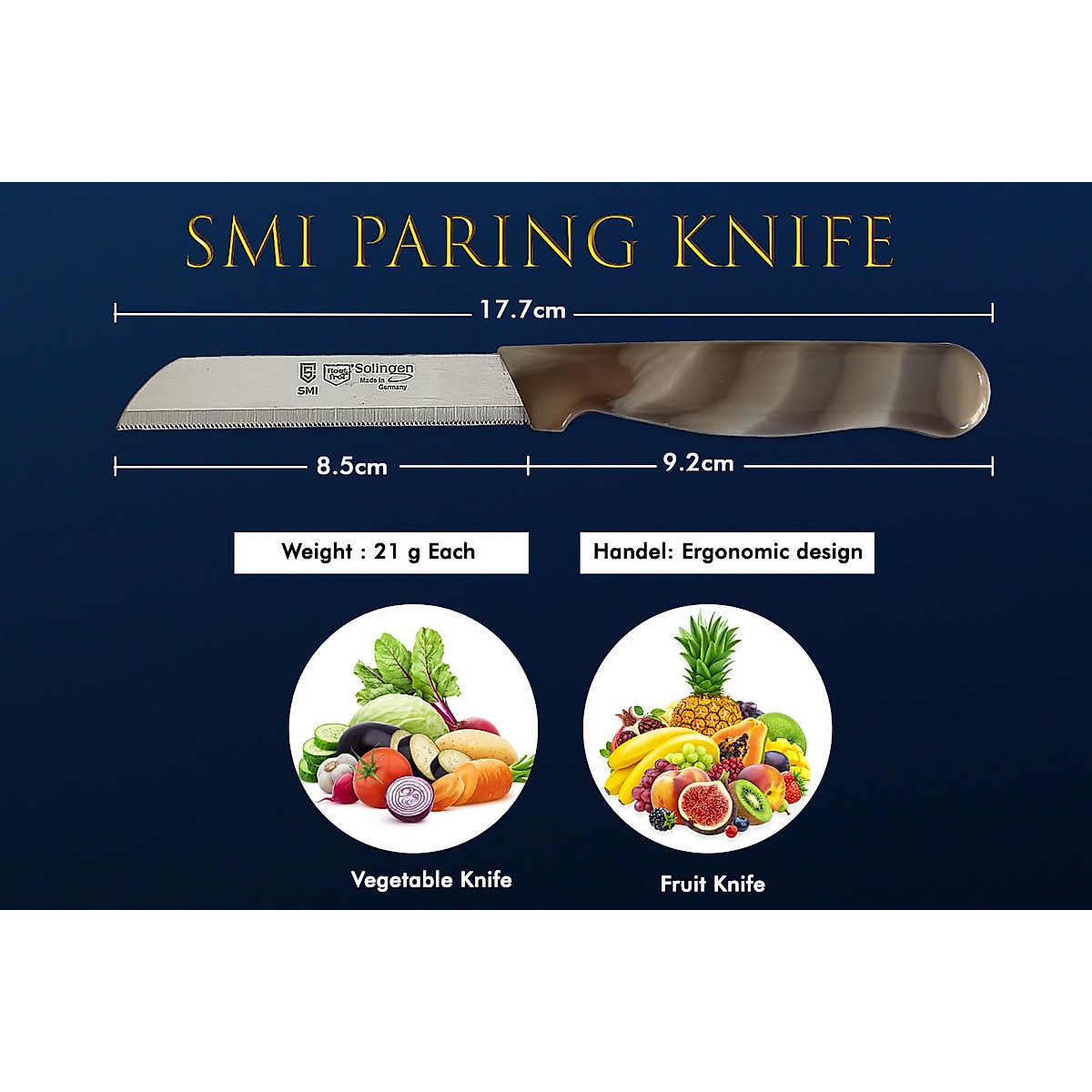 SMI - 6 Pcs Paring Knife Set Serrated Edge, Vegetable Knife, Fruit Knife, Kitchen Knife Made in Solingen Germany (Brown White)