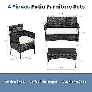 DUMOS Patio Furniture Set 4 Pieces, Outdoor Wicker Furniture with Coffee Table, Modern Rattan Patio Chairs Conversation Sets with Sofa for Garden, Terrace, Porch, Balconies, Lawns (Black and Beige)
