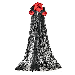 Merroyal Women's Dia de los Muertos Rose Flower Costume Headpiece Halloween Day of The Dead Veil (Black Red Rose Flower+Black Veil)