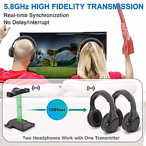 WallarGe Dual Wireless Headphones for TV Watching with 5.8GHz RF Transmitter Charging Dock, Over-On Ear TV Headphones Wireless for 25Hrs Playtime and No Lip-Sync Delay, Plug & Play. Set of Two