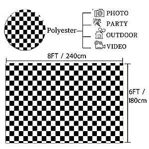 8x6FT Cosplay Party Banner Checkered Flag Photography Backdrop White and Black Racing Checker Texture Grid Birthday Chess Board Photo Background Decor Photo Booth Studio Props