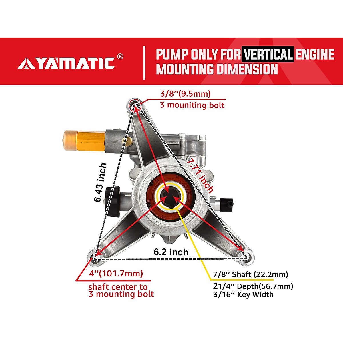 YAMATIC 7/8" Shaft Vertical Pressure Washer Pump 2500 PSI @ 2.2 GPM Replacement Pump for Power Washer, Compatible with Honda GCV160, Troybilt, Craftsman, Ryobi, Rear Facing Inlet/Outlet