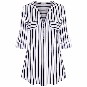 Bulotus 3/4 Sleeve Shirts for Women Plus Size, Ladies Tops and Blouses Casual Summer Fall V Neck Long Tunics to Wear with Leggings Business Casual, Stripe, X-Large