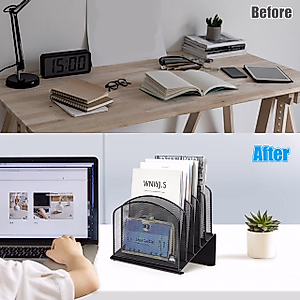 Delifox Inclined Desk File Organizer, 5-Section Vertical File Folder Holder Mail Sorter Stand Up Metal Rack for Office Classroom Desktop Organization