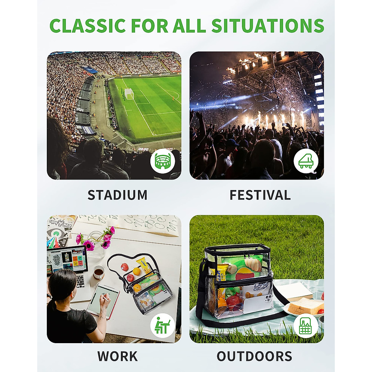 Vorspack Clear Tote Bag - Clear Bag Stadium Approved 12x12x6 Clear Lunch Bag Clear Crossbody Bag for Sports Events Concerts Work College - Black