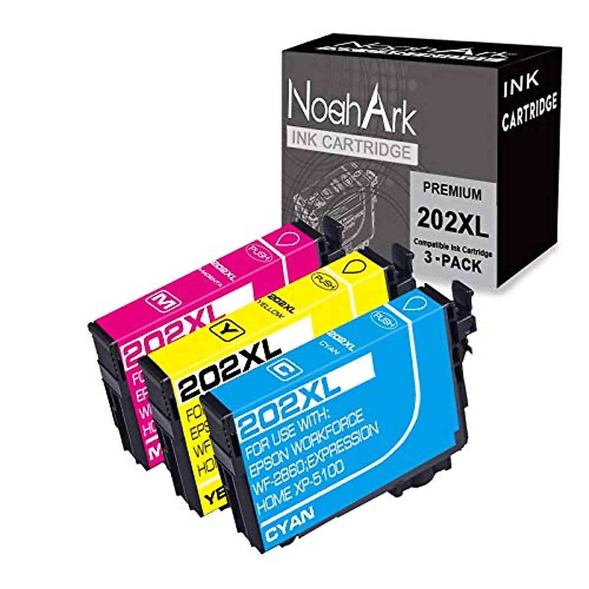 NoahArk 3 Packs 202XL Remanufactured Ink Cartridge Replacement for Epson T202XL 202 XL High Yield for Epson Expression Home XP-5100 Workforce WF-2860 Printer (1 Cyan, 1 Magenta, 1 Yellow, 3-Pack)