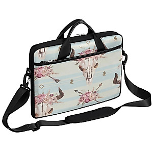 Bull Skull Flower Laptop Computer Bag Waterproof Shoulder Messenger Bag 13-15 inch Durable Laptop Tote Bag with Shoulder Strap Handle Lightweight Crossbody Briefcase
