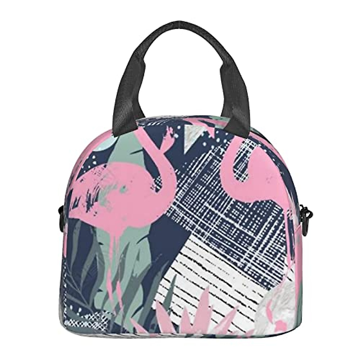Pink Flamingo And Leaves Printed Lunch Bag, Lightweight And Durable, Adjustable Shoulder Strap, Reusable Lunch Handbag, Portable Refrigerated Bag