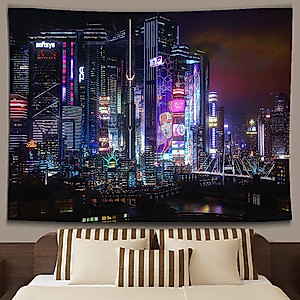 Ine Ive City Night View Tapestry, Neon Urban Building River View Art Tapestry Wall Hanging 80x60 Inch Living Room Dorm Decoration Aesthetic Tapestry GTZFIE1197