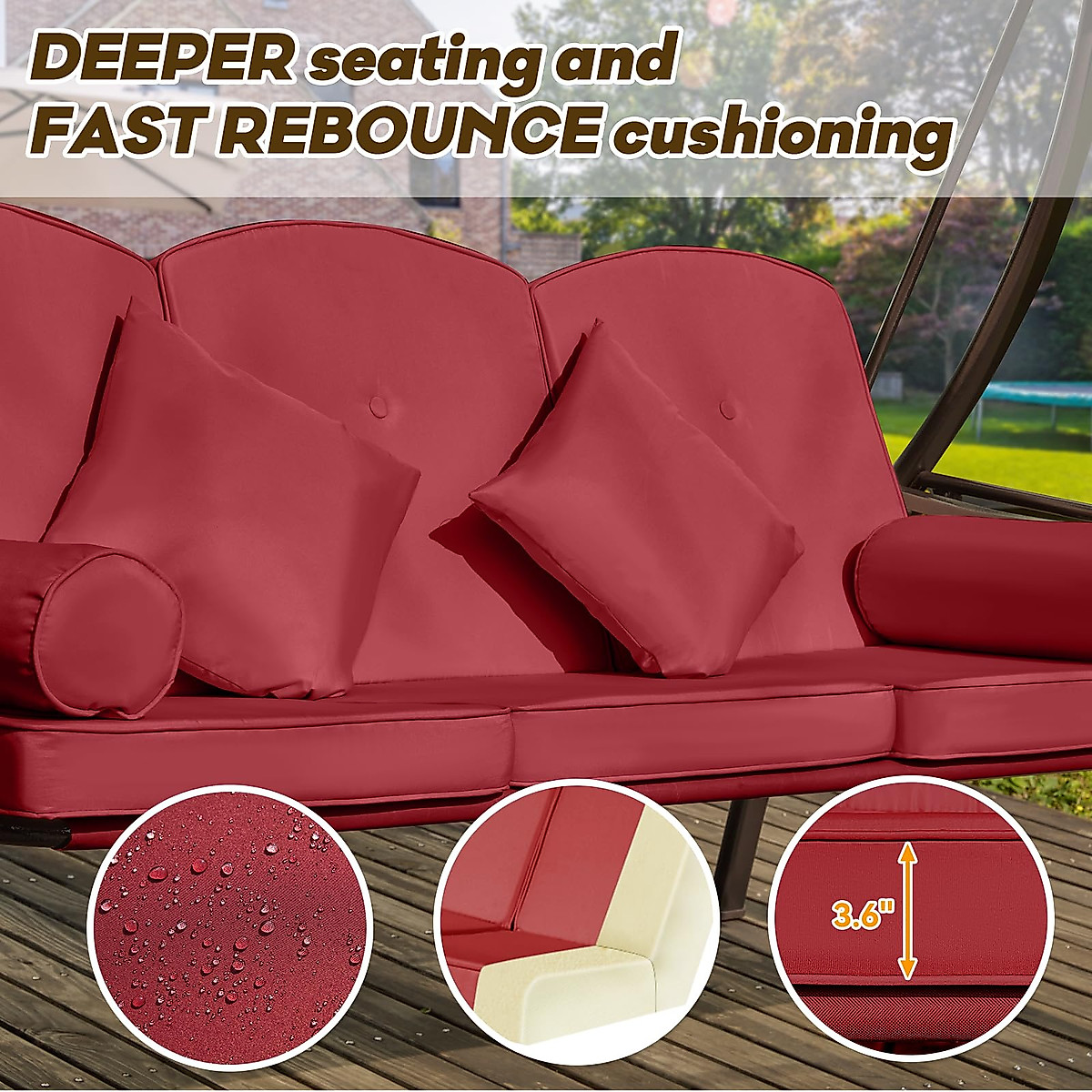 Yalissey 3 in 1 Outdoor Porch Swing with Adjustable Canopy, 3 Seat Outdoor Swing for Adults, Patio Swing Chair with Thickened Cushions,Pillows & Cup Holders for Backyard, Porch, Garden (Wine Red)