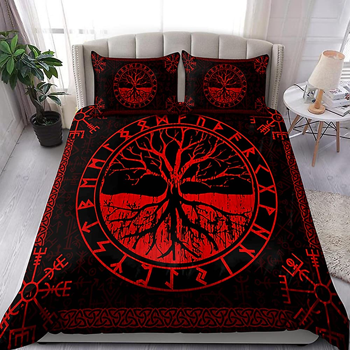 WDBAYXH Nordic Tree of Life 3 Piece Bedding Set, Viking 3D Print Duvet Cover with Pillowcases, Scandinavian Folklore Motifs Bedroom Home Textiles,Red,Queen