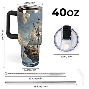 Nautical Sailing Pirate Ship 40 Oz Stainless Steel Tumbler with Handle & Straw Double-Walled Vacuum Insulated Travel Mug for Hot/Cold Drinks, Reusable Thermal Cup for Car Cup Holder