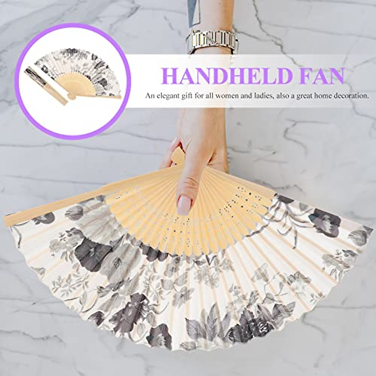 RAZZUM 2 Pcs Floral Folding Hand Fan Chinese Vintage Retro Silk Handheld Fans with Frames for Wedding Dancing Church Party Gifts Grey Fan