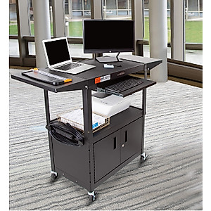 Line Leader Large AV Cart with Locking Cabinet & Drop Leaves, Rolling Height Adjustable Utility Cart with Pullout Laptop Keyboard Tray & Cord Management, Narrow Mobile Workstation (Black, 54 x 18)