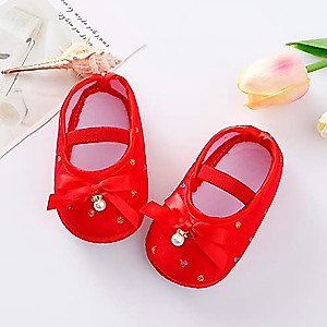 Lykmera Princess Walking Shoes for Baby Girl Pearl Sole Shoes Hanging Bow Sneaker Shoes Walking Shoes for Toddler Baby Girl (Red, 0-3Months)