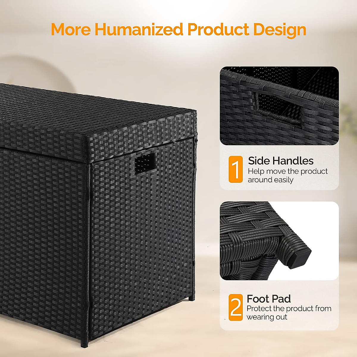 VINGLI Upgraded Version 132 Gallon Outdoor Storage Box, Patio Rattan Deck Box, Wicker Storage Bench for Indoor, Outdoor, Pool, Balcony, Yard, Garden, Black