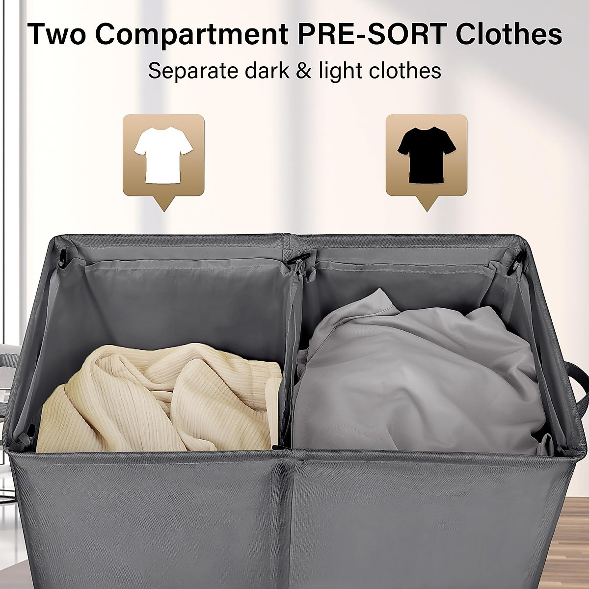 Double Laundry Hamper with Lid and 4 Removable Laundry Bags, Collapsible Laundry Hamper 2 Section Dirty Clothes Hamper with Handles for Laundry, Bedroom, Bathroom, Dorm, Grey