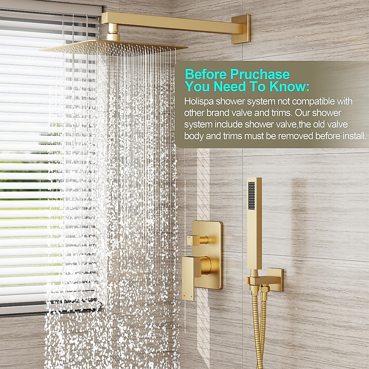 Holispa Gold Shower System, Shower Faucet Set with 10-Inch Rain Shower Head and Handheld, Wall Mounted High Pressure Shower Head Set, Shower Combo Set with Shower Valve and Shower Trim, Brushed Gold