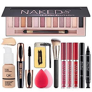 All in One Makeup Kit, 12 Colors Eyeshadow Palette, Nude Foundation, Lipstick Set, Eyebrow Soap, Eyeliner Stamp, Waterproof Mascara, Makeup Brush, Makeup Sponge, Gift Set for Women, Girls & Teens