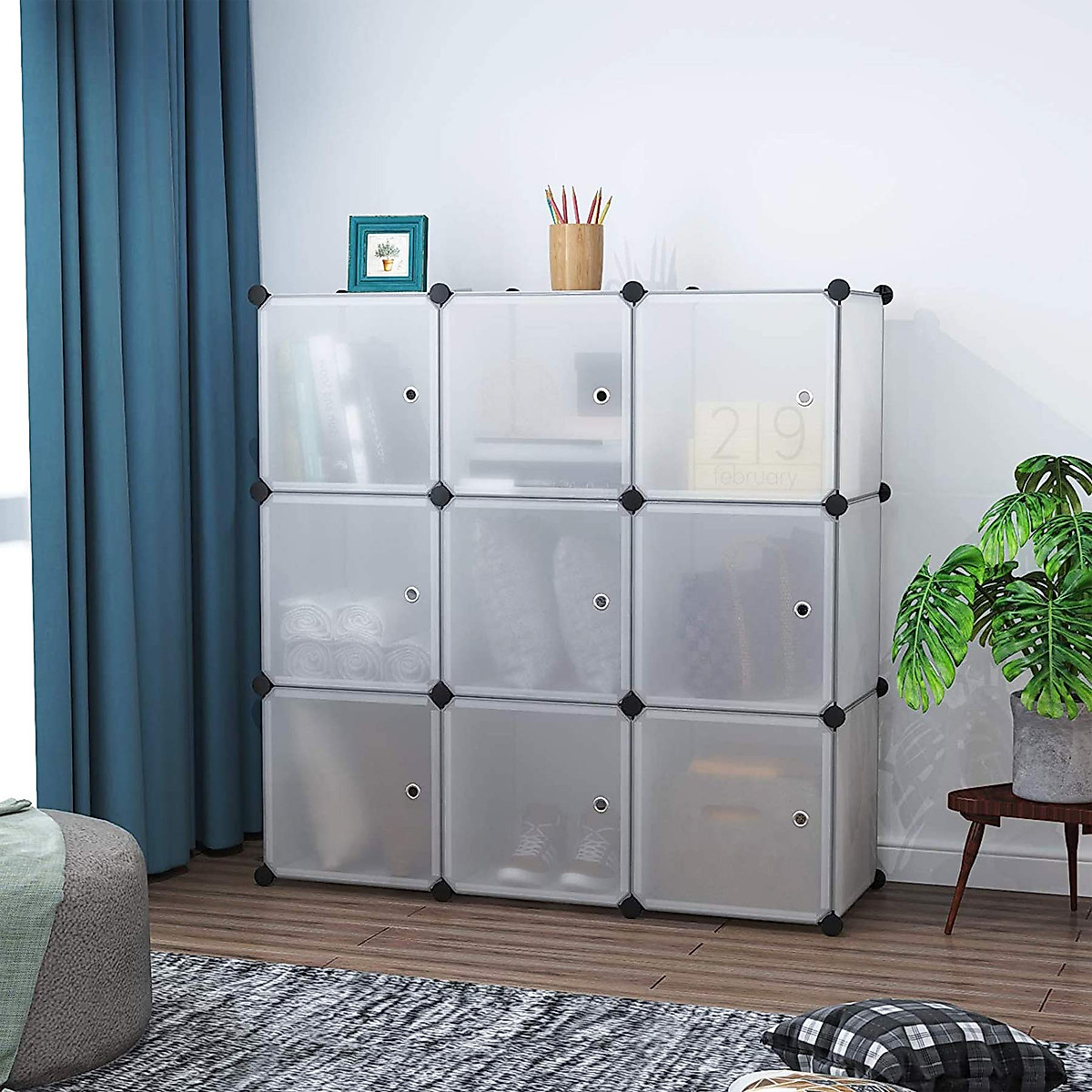 C&AHOME Cube Storage with Doors, 9 Cubes Storage Organizer, Plastic Closet Cabinet, Modular Book Shelf Units, Storage Shelves, Ideal for Office, Home, 36.6”L x 12.4”W x 36.6”H Translucent White
