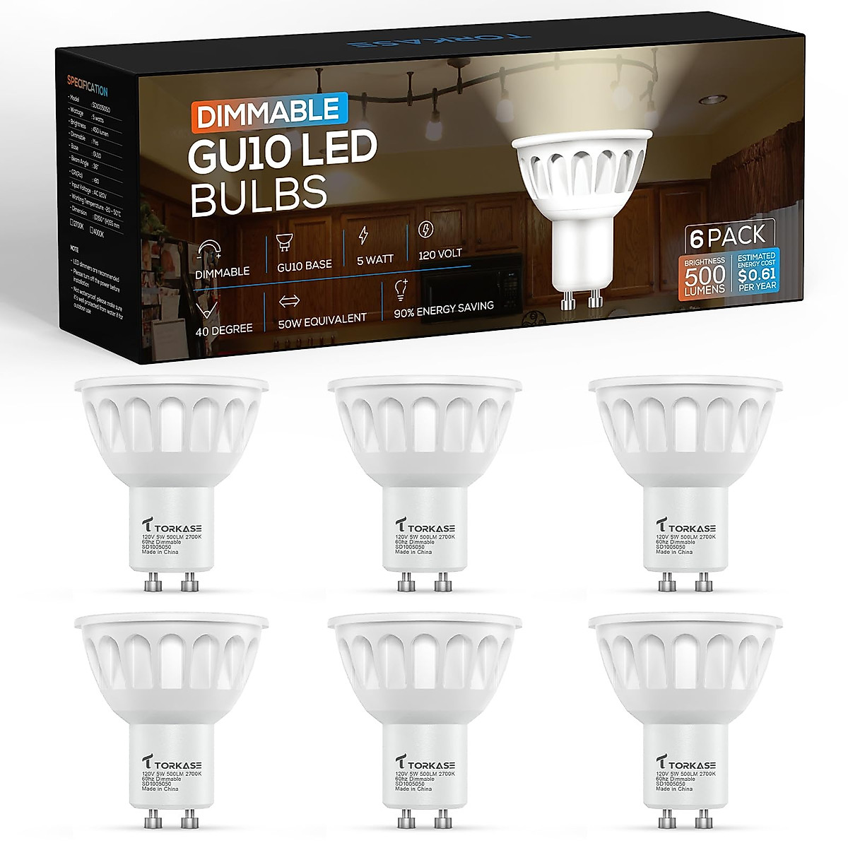 Torkase GU10 LED Bulb, Dimmable GU10 MR16 LED Bulbs 2700K Warm White, 120V 500LM Track Light Bulbs 5W 50W Equivalent, 90% Energy Saving, 40 Degree, LED Replacement for Recessed Lighting, 6 Pack