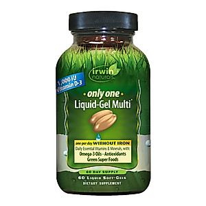 Irwin Naturals Only One Liquid-Gel Multi - 60 Liquid Softgels - No Iron Daily Essential Vitamins, Minerals, Antioxidants, Omega-3 & Green Super Foods