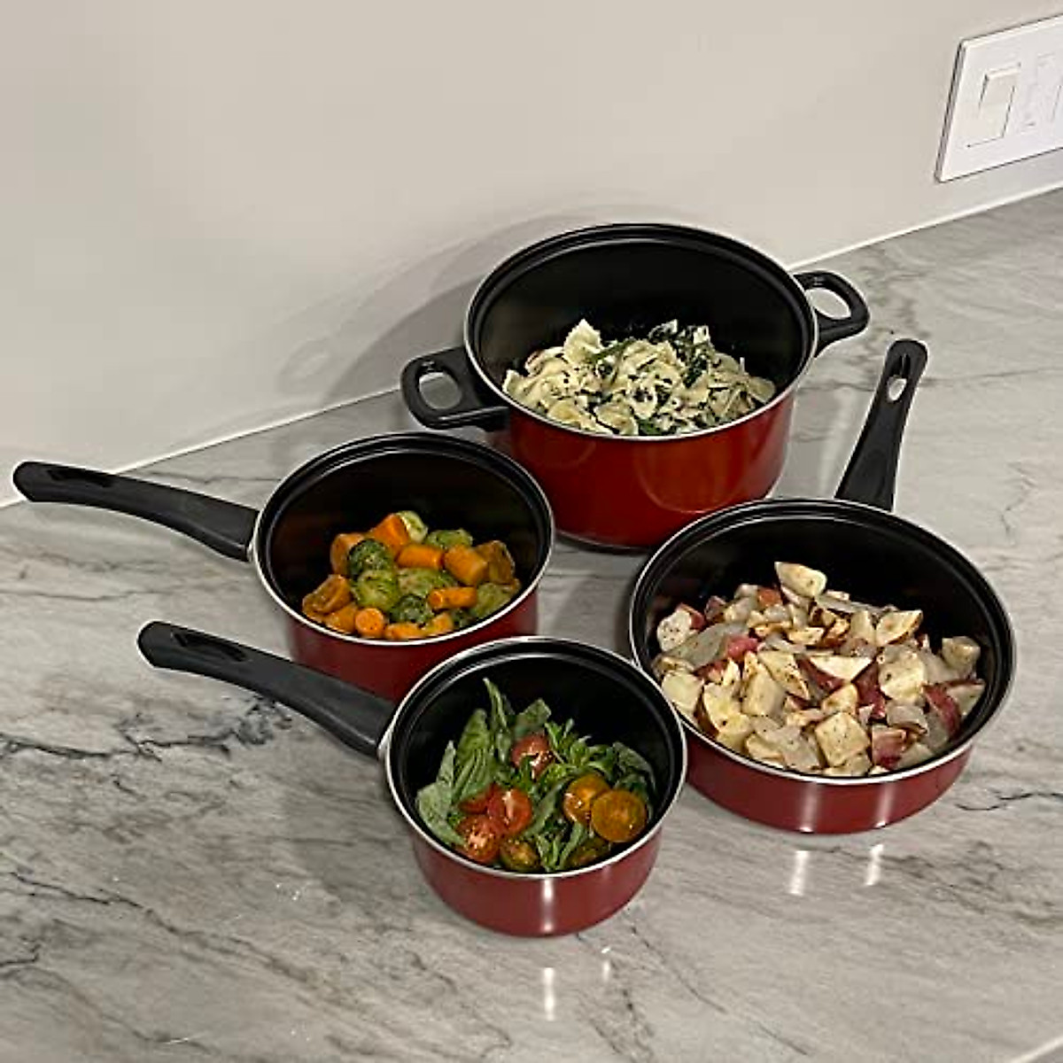 Imperial Home 7 Pc Carbon Steel Nonstick Cookware Set, Pots & Pans Set, Dishwasher Safe Cookware Set, Cooking Set, Kitchen Essentials (Red)