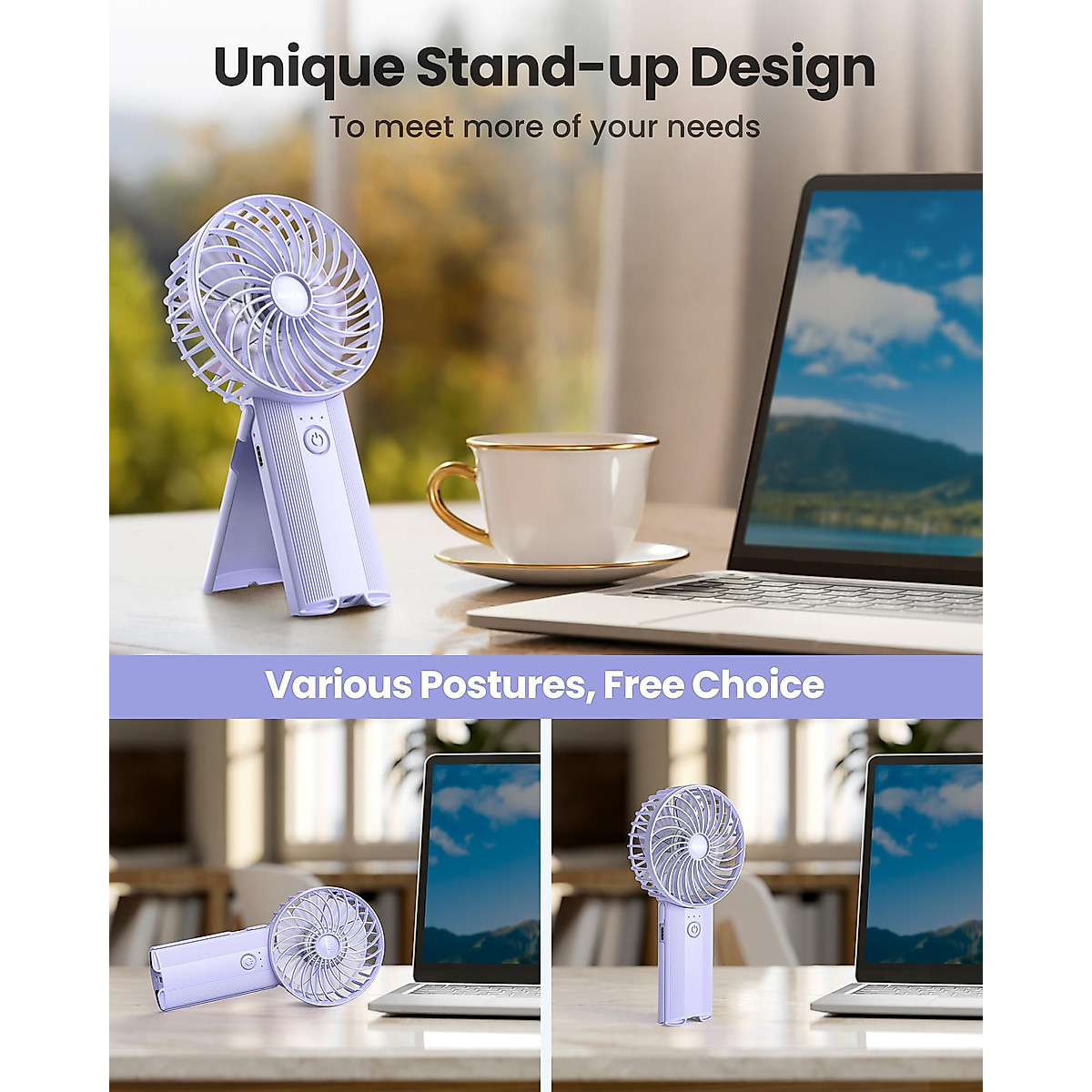 Mini Portable Folding Handheld Fans USB Rechargeable Personal Fan Neck Desktop 4-speed 3-in-1 Silent Handheld small Fan 6-15 hours battery life Suitable for summer travel Camping Outdoor Kids Gift