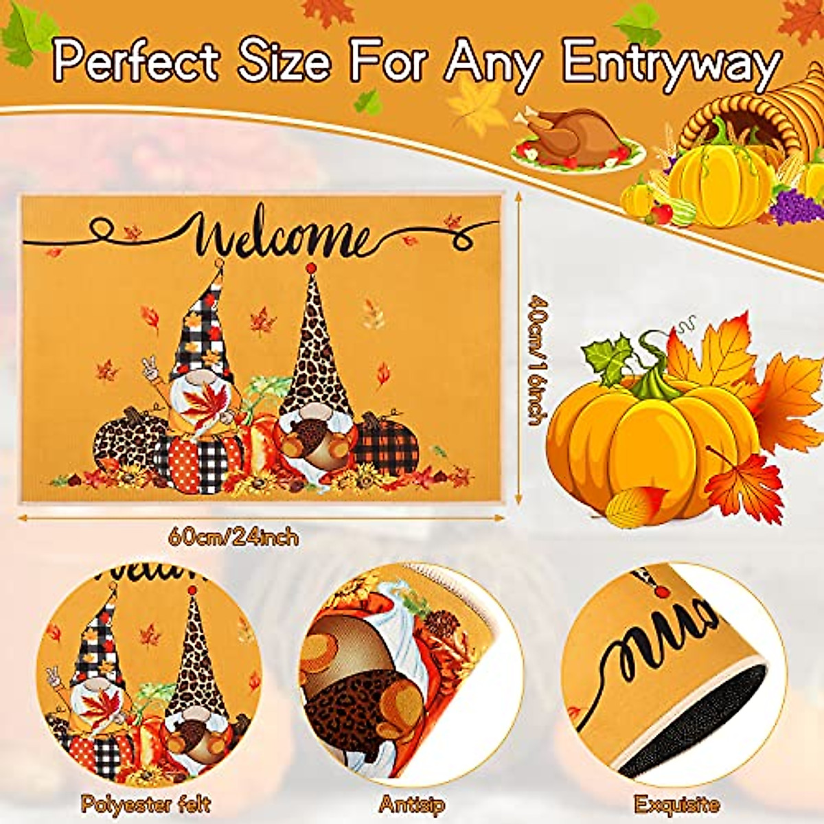 Nuanchu Thanksgiving Welcome Doormat Gnome Fall Rug Leaf Pumpkin Entrance Rug Fall Nonslip Washable Sunflower Pumpkin Floor Mat 24 x 16 Inch for Indoor Outdoor Kitchen Bathroom Decor