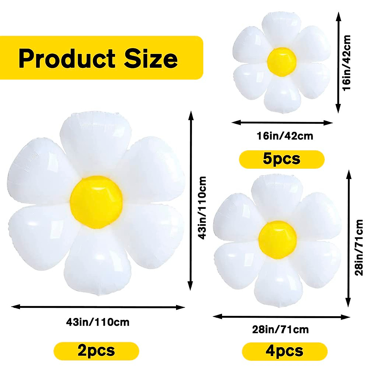 YUJUN 11PCS Daisy Balloons,Huge White Flower Daisy Foil Mylar Balloons for Baby Shower Wedding Groovy Boho Daisy Birthday Party Decorations (43in''28in''16in'')