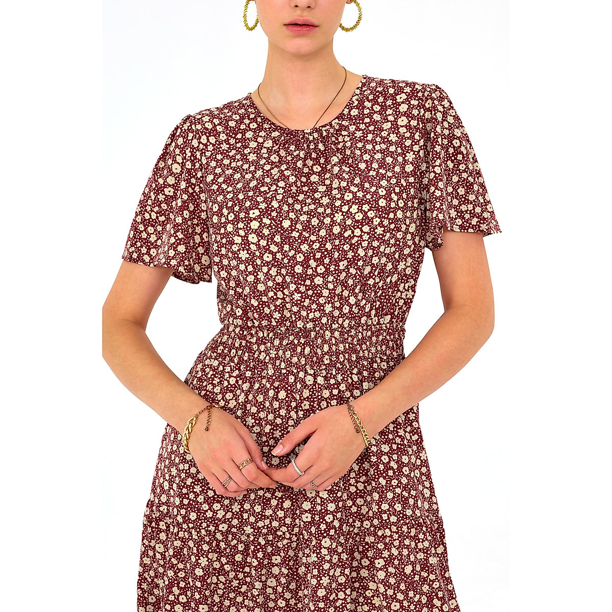 PRETTYGARDEN Women's Summer Casual Short Flutter Sleeve Round Neck Smocked Waist Tiered Boho Floral Flowy Maxi Dress(Floral Red Brown,X-Large)