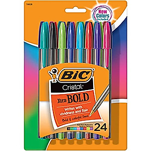 BIC Cristal Xtra Bold Fashion Ballpoint Pen, Bold Point (1.6mm), Assorted Colors, 24-Count (MSBAPP241-A-AST)
