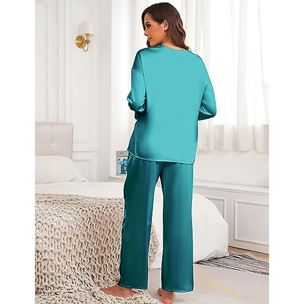 Bloggerlove Silk Pajamas for Women Long Sleeve Satin Loungewear Two-Piece Sleepwear Pullover Pj Set Outfit Green