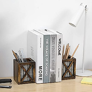 MyGift Rustic Burnt Wood Decorative Bookends, Wooden and Galvanized Metal Desktop Book Stands with Pen Holder Pencil Cup Stationery Storage Bins, 1 Pair