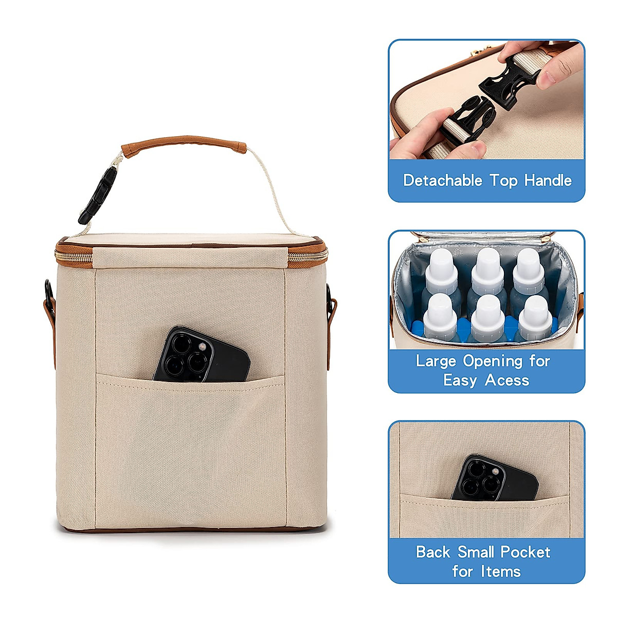 BABEYER Breastmilk Cooler Bag with Ice Pack Fits 6 Baby Bottles Up to 9 Ounce, Baby Bottle Bag with Shoulder Strap for Nursing Mom Daycare, Cream