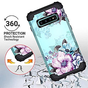 Casetego Compatible with Galaxy S10 Case,Floral Three Layer Heavy Duty Hybrid Sturdy Shockproof Full Body Protective Cover Case for Samsung Galaxy S10,Blue Flower