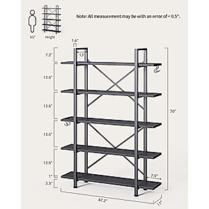 Gizoon 5 Tier Bookshelves for Storage, Industrial Tall Wood Bookshelf with 4 Hooks, Metal Frame Display Shelves for Bedroom, Living Room, Kitchen, Black