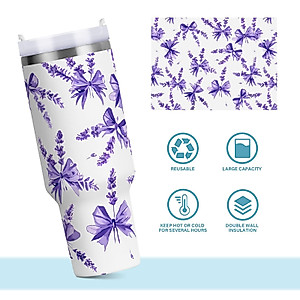 FENOCHE Lavender Flower Bow Tie 40 oz Tumbler Insulated Cups Stainless Steel Water Bottle with Handle Lid and Straw Tumblers for Car Cup Holder