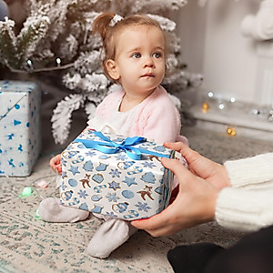 RiukRaiu Blue Christmas Wrapping Paper for Kids Adults - Winter Forest & Reindeer, Polar Bears, Country Houses, Holiday Cookies Designs - Xmas Gift Wrap with 6 Jumbo Sheets, 40 x 28 Inches Each