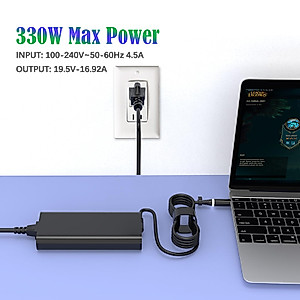 330W 19.5V 16.92A GaN AC Charger for Dell G16 7630 7620 G15 Alienwar X51 X17 R1 R2 M17 R3 R4 M18x R1 R2 R3 Area-51m R1 R2 ADP-330AB D DA330PM111 DA330PM190 LA330PM190 Laptop Power Supply Cord
