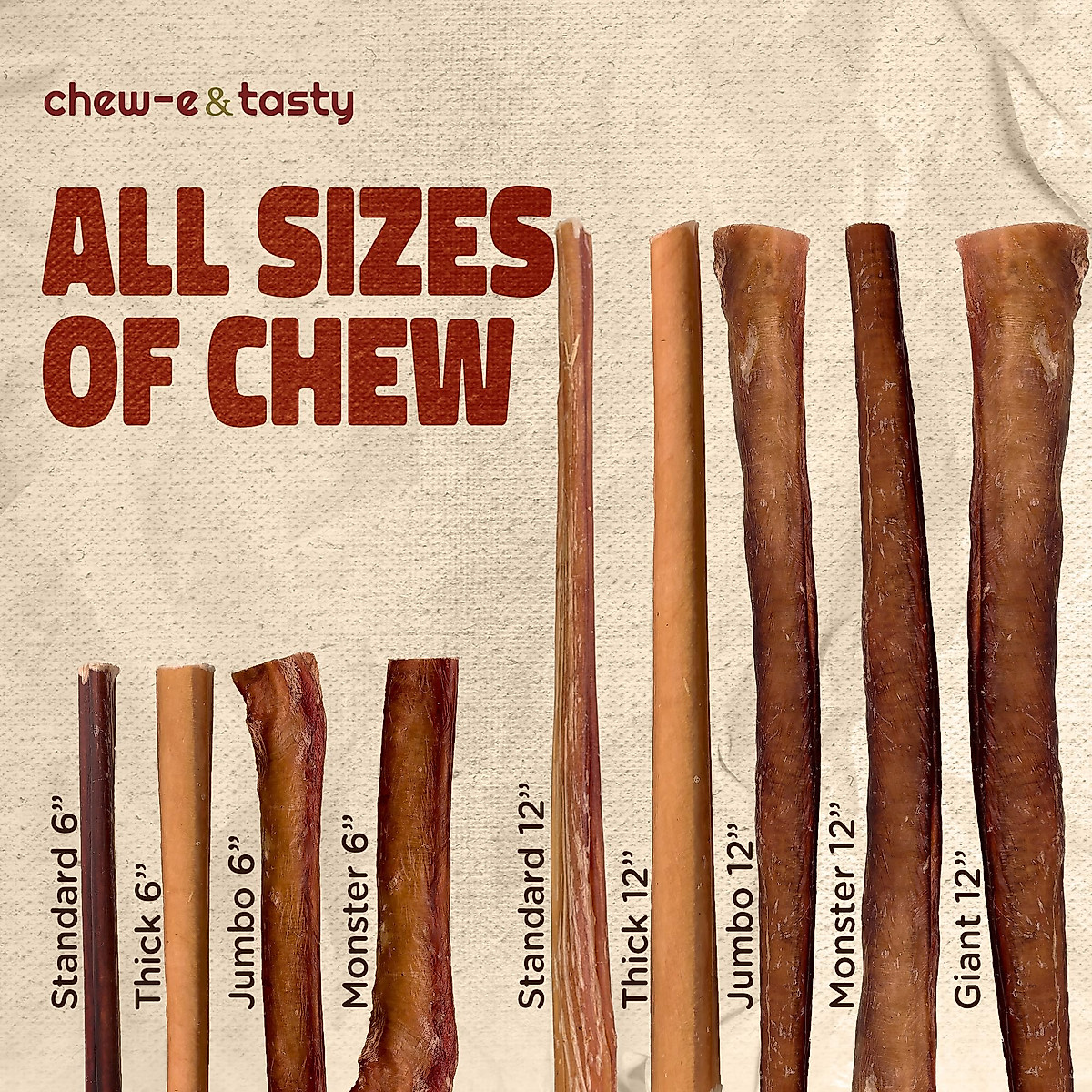 chew-e&tasty 12" Giant Odor Free Bully Sticks (Pack of 5) - Long Lasting Beef Chews for Power Chewers Made of Digestible High Protein & Low Fat Dental Treats Bully Sticks for Large to Very Large Dogs