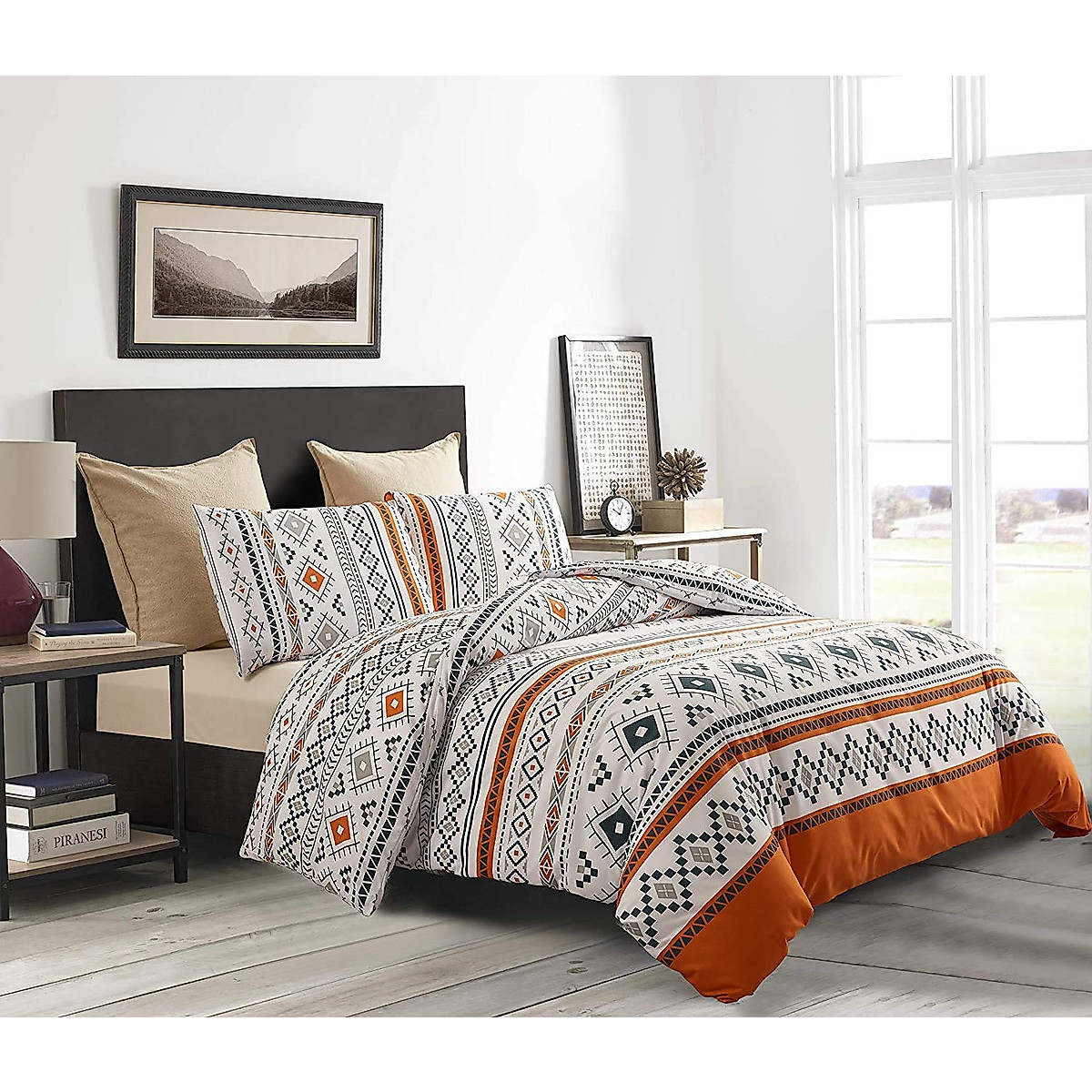 Gafance 3Pcs Aztec Geometric Pattern Duvet Cover Full Set, Folk Style White & Orange Bed Linen, Ultra Soft Comforter Cover with Zipper Closure, Farmhouse Quilt Cover 78 X 90 inches & 2 Pillow Shams