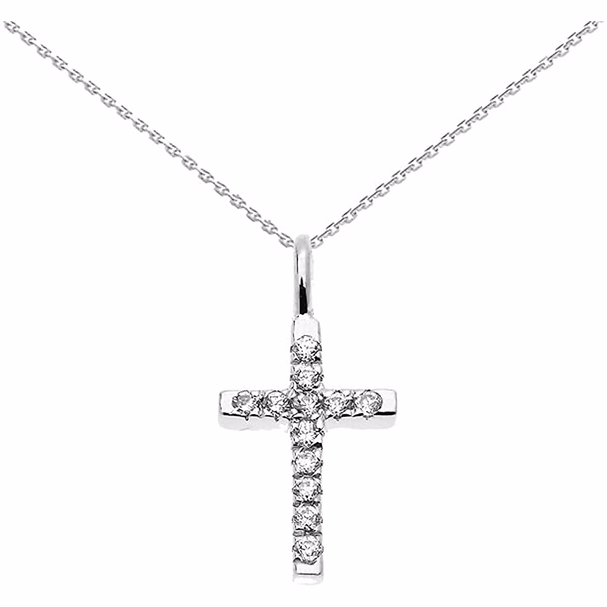 Religious Jewelry by FDJ 14K White Gold 1/20 Cttw Diamond Accented Dainty Linear Cross Charm Pendant Necklace with Rolo Chain (K-M Color) - 16" Chain