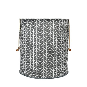 Household Essentials Round Krush Hamper with Wood Dowel Handles, Gray Chevron