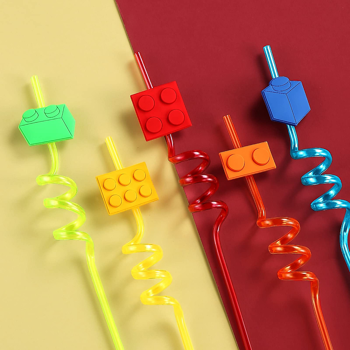 25 Building Blocks Party Favors Brick Block Drinking Straws for Building Blocks Birthday Party Supplies with 2 PCS Straws Cleaning Brush